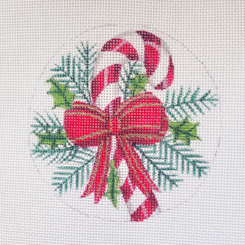 Needlepoint Canvas Handpainted 4" Candy Cane, Holly, and Ribbon on 18ct ...