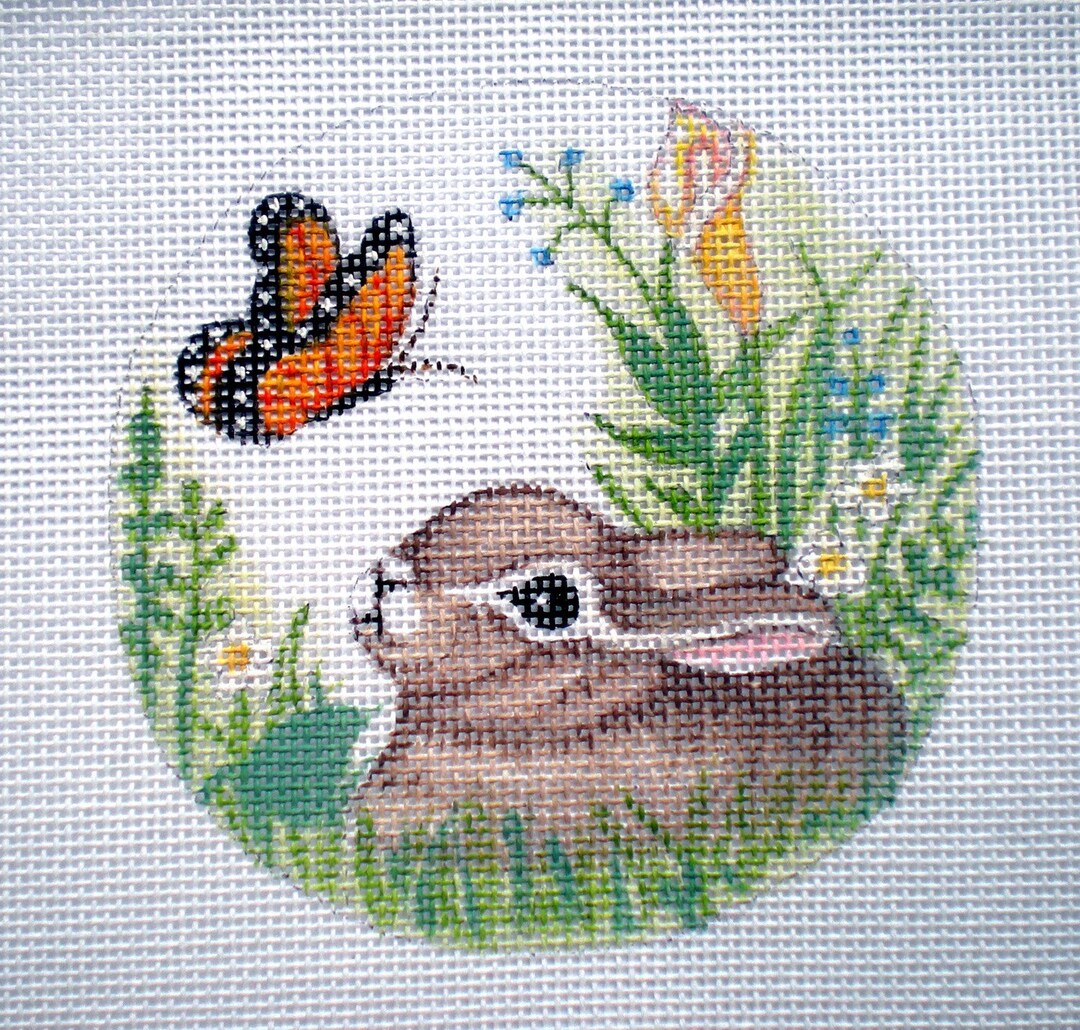 Hand Painted Needlepoint Canvas Baby Bunny With Butterfly on 18ct. - Etsy
