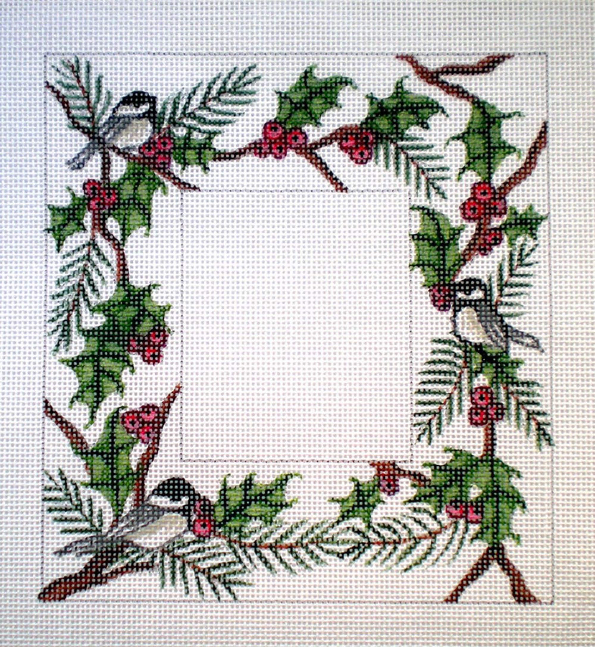 Needlepoint Canvas Hand Painted Frame Chickadees and Holly on 18ct. - Etsy