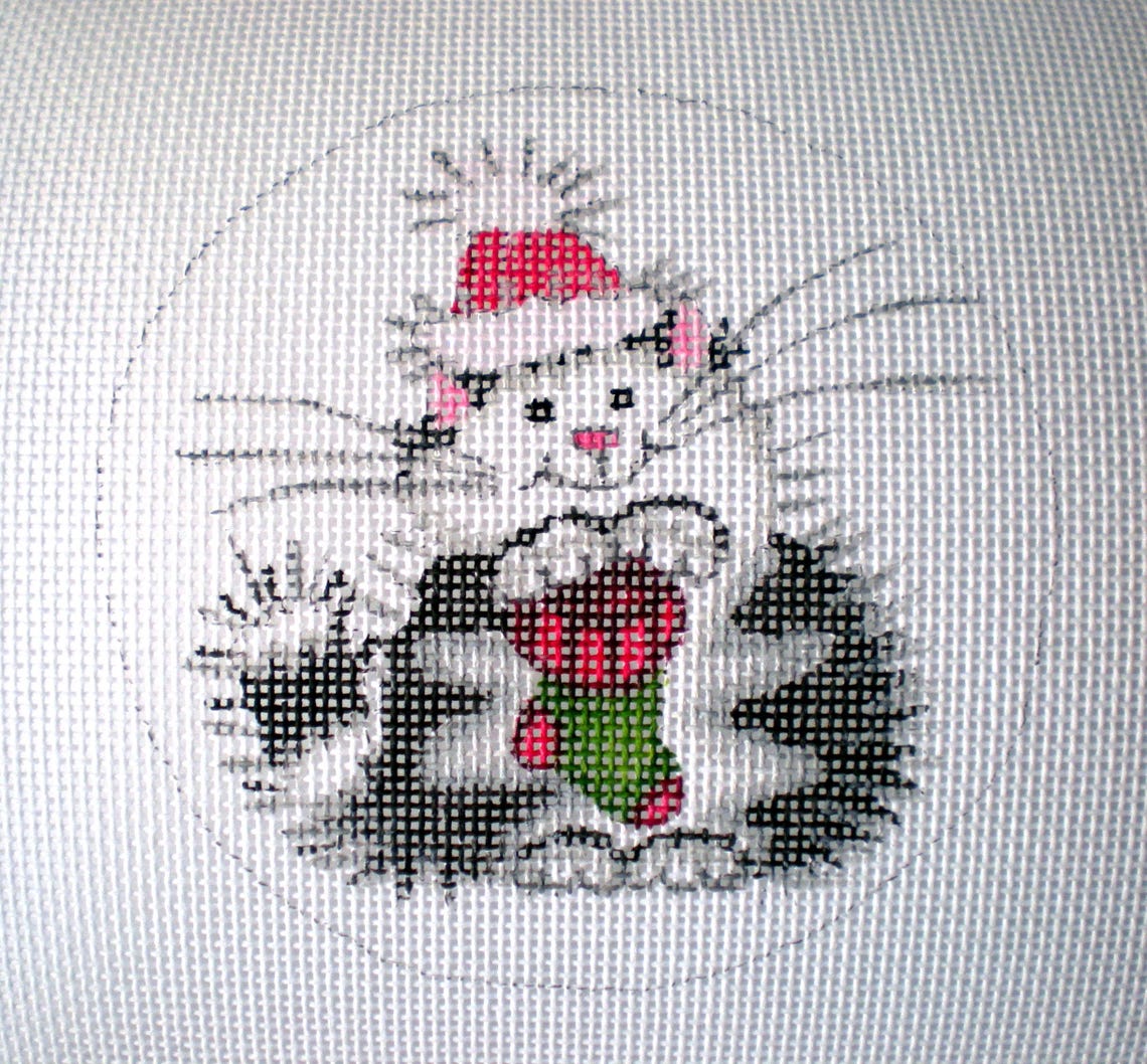 Needlepoint Canvas Handpainted 4" Fat Cat With Stocking on 18ct. - Etsy