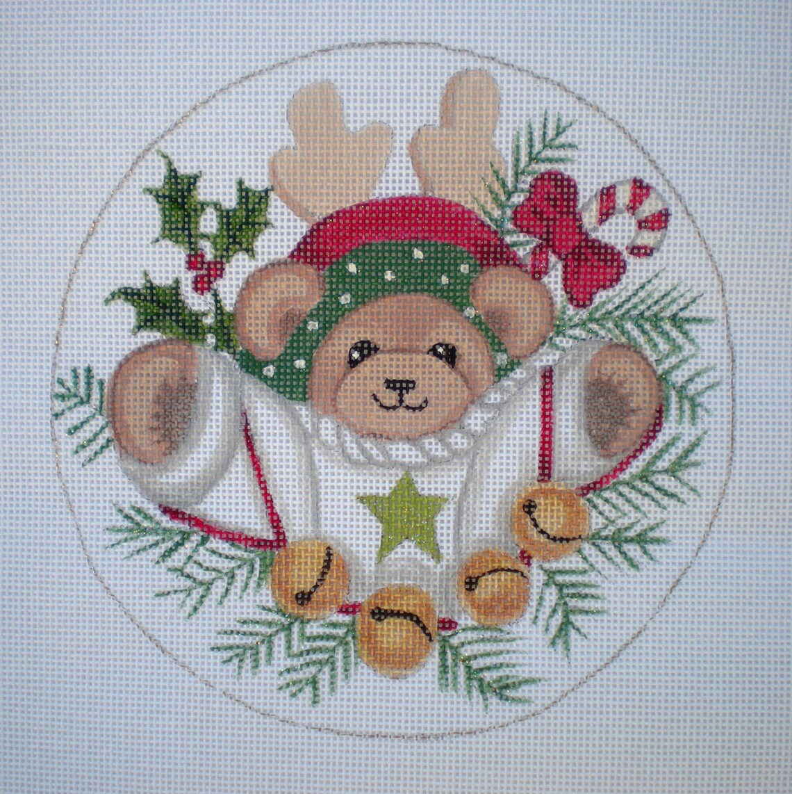 Needlepoint Canvas Handpainted 6" Bear With Bells Ornament on 18ct. - Etsy
