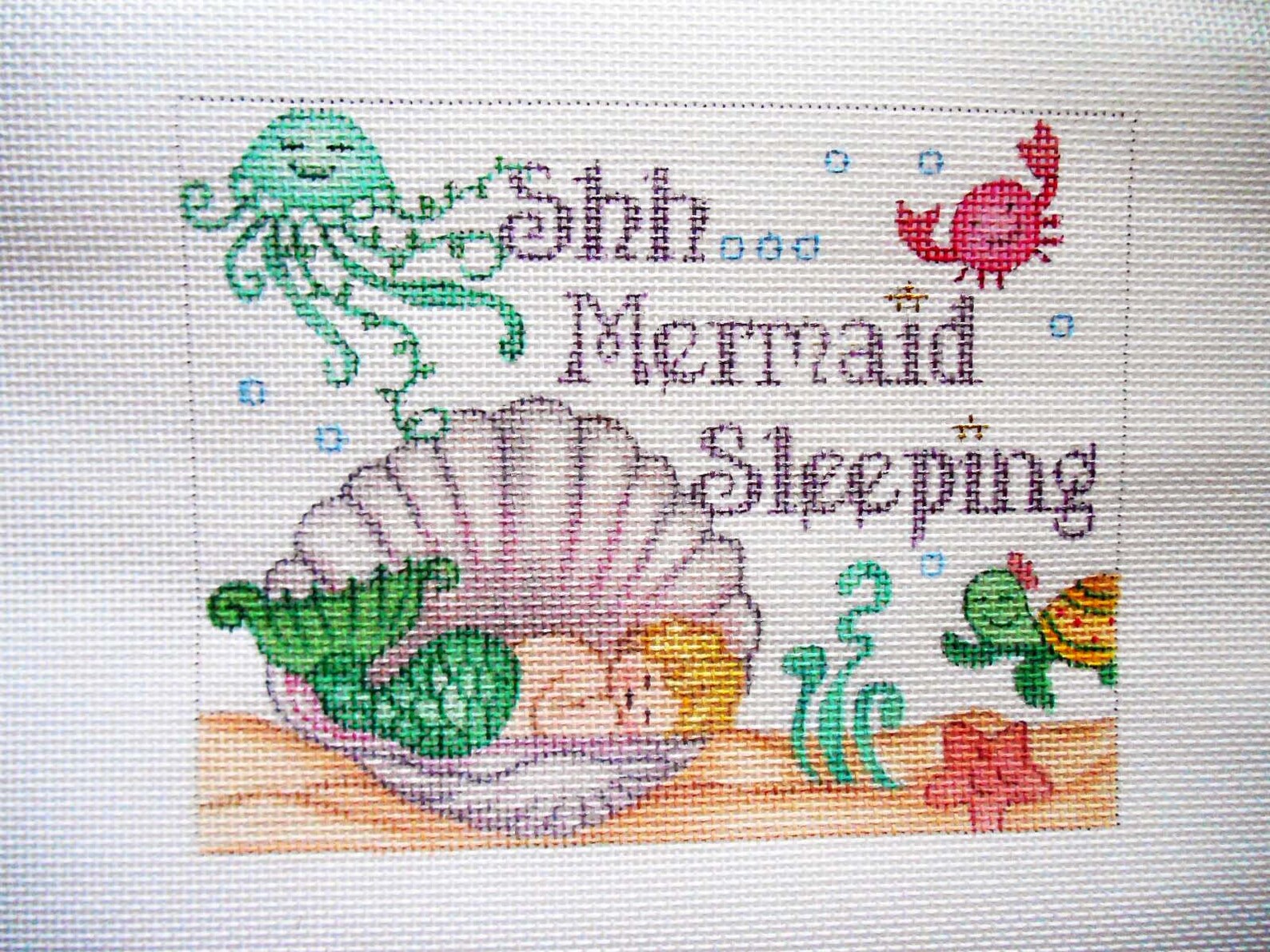 Needlepoint Canvas Handpainted 7" X 5.5" "shh... Mermaid Sleeping" on ...