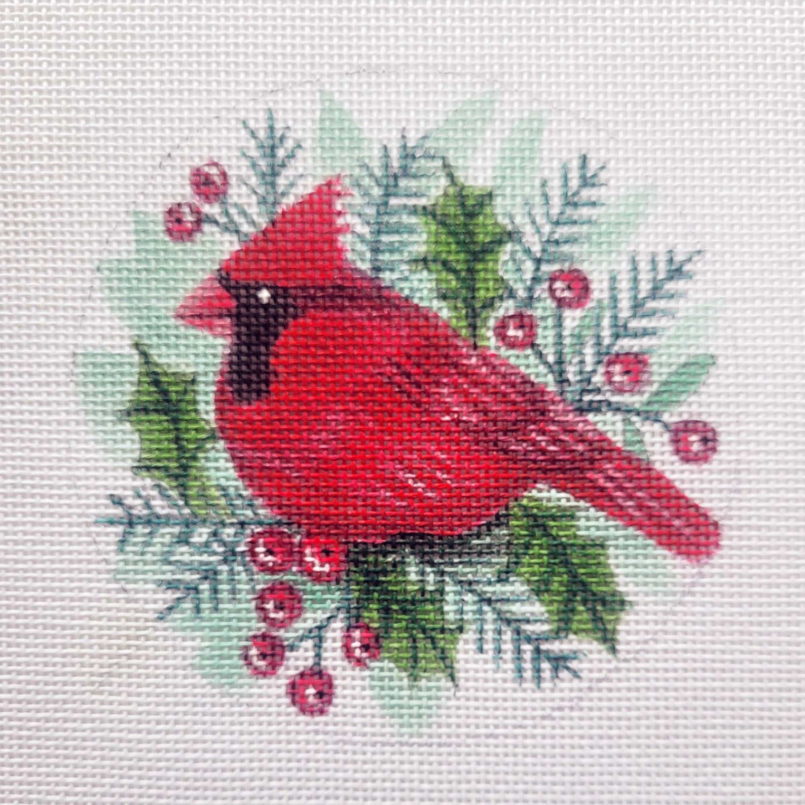 Needlepoint Canvas Handpainted 4" Cardinal, Holly and Berries on 18ct ...