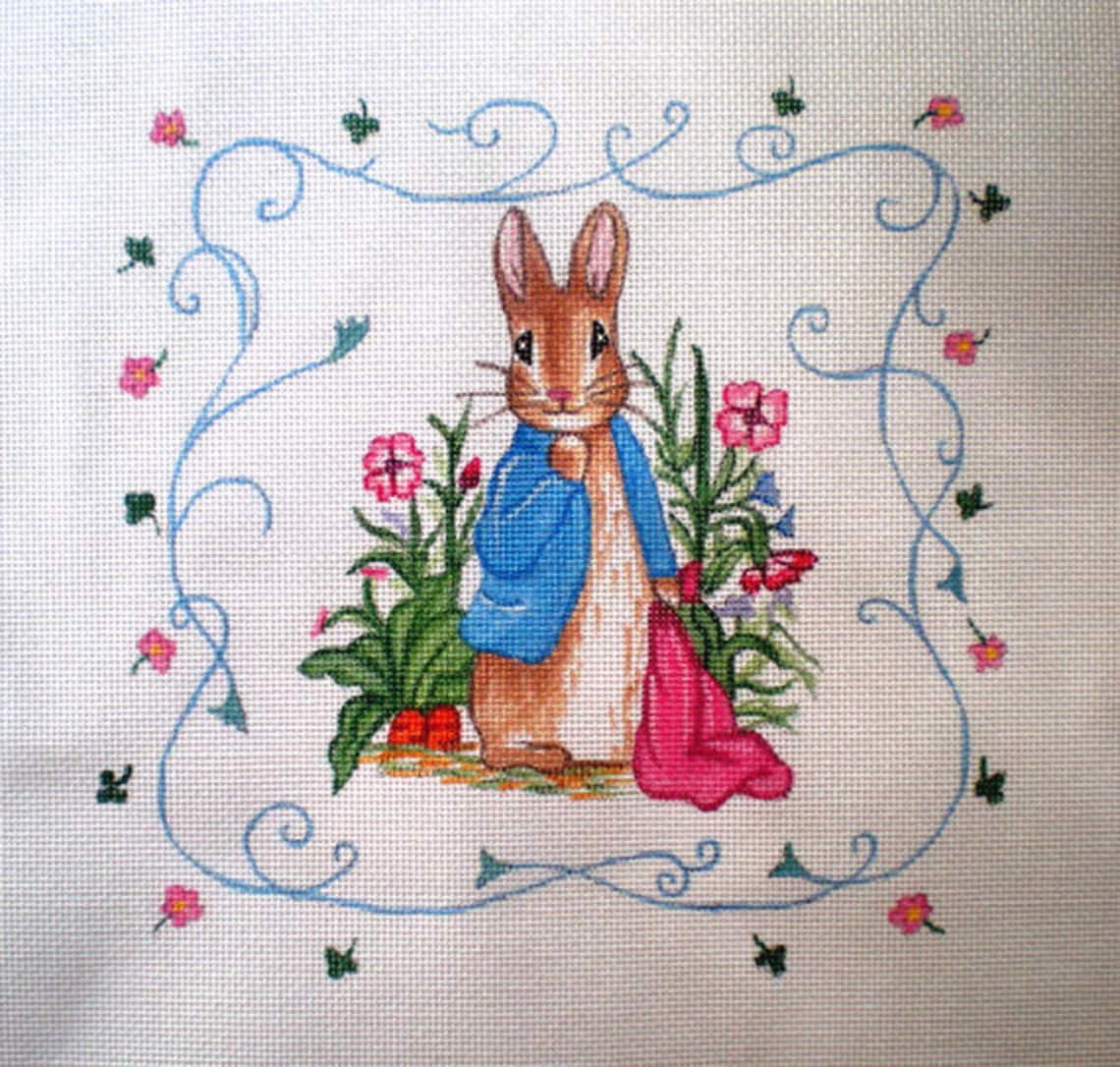 Needlepoint Canvas Handpainted Peter Rabbit in the Garden on 18ct. 8" X ...