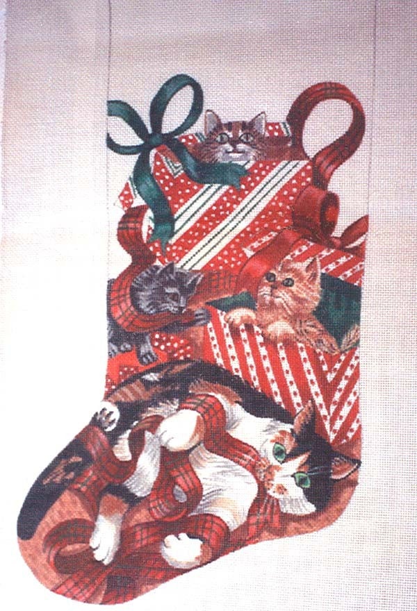 Needlepoint Canvas Hand Painted Cats and Boxes Christmas Stocking on ...