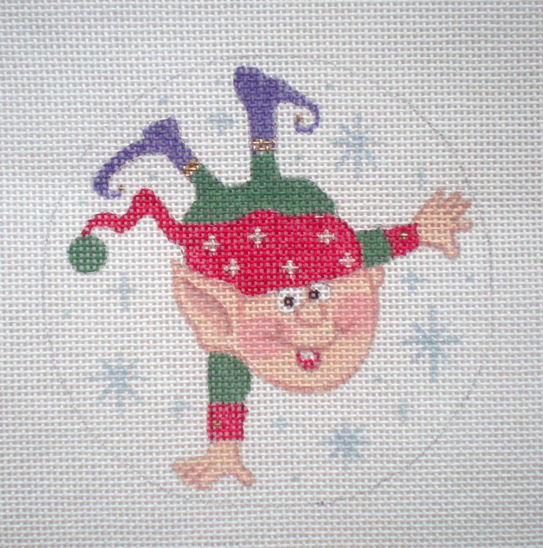 Needlepoint Canvas Handpainted 4" Elf and Snowflakes, 18ct. - Etsy