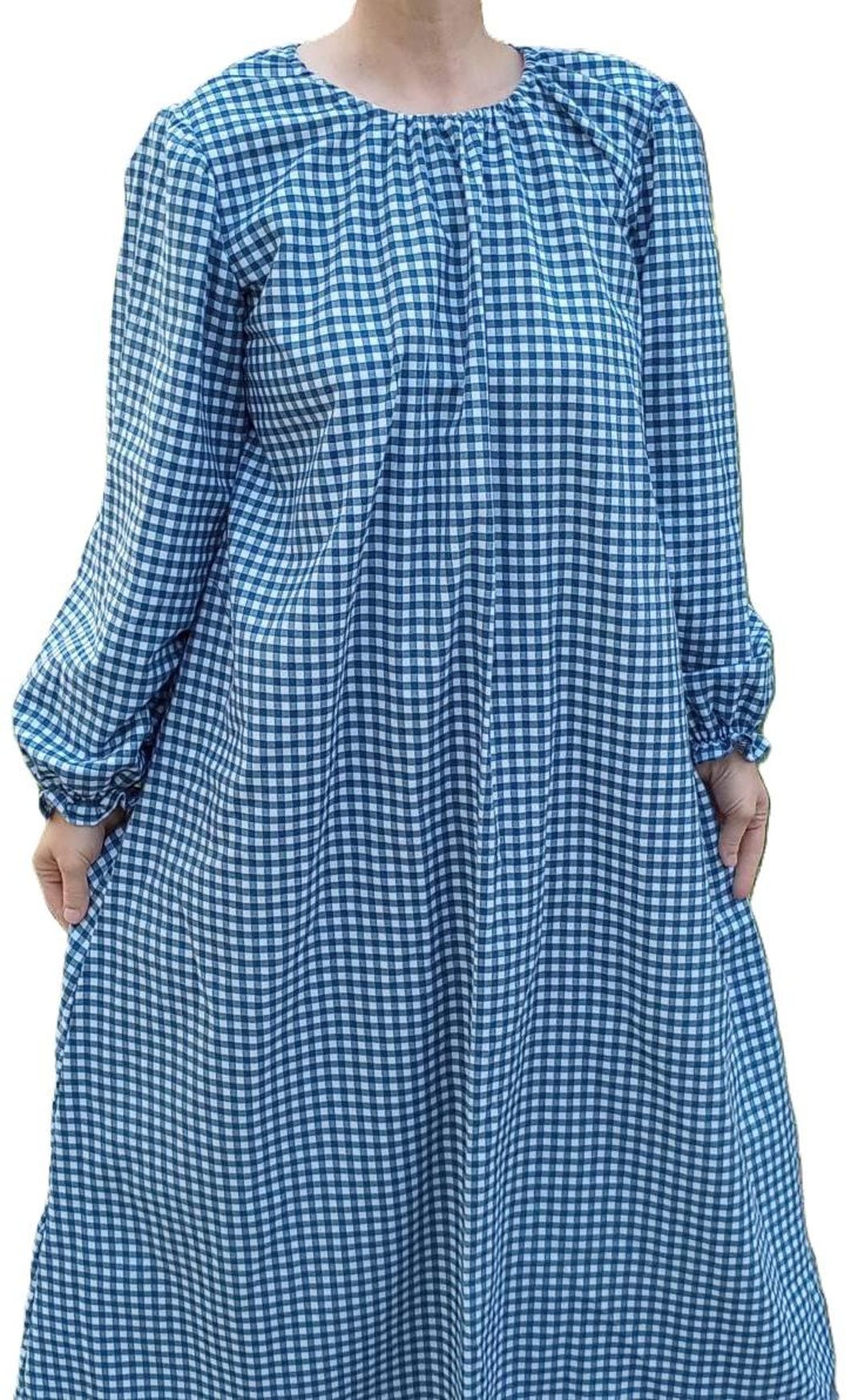 New Ladies Flannel Modest Nightgown 100% Cotton Navy Blue White Gingham ...