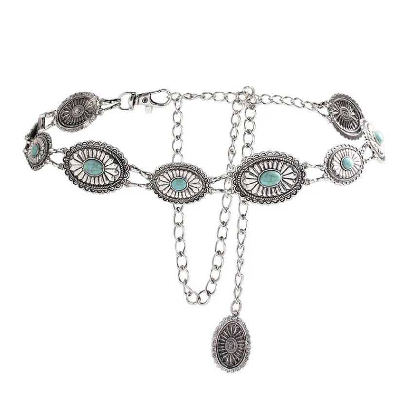 Western Concho Chain Belt for Women – Silver Boho Turquoise Oval ...