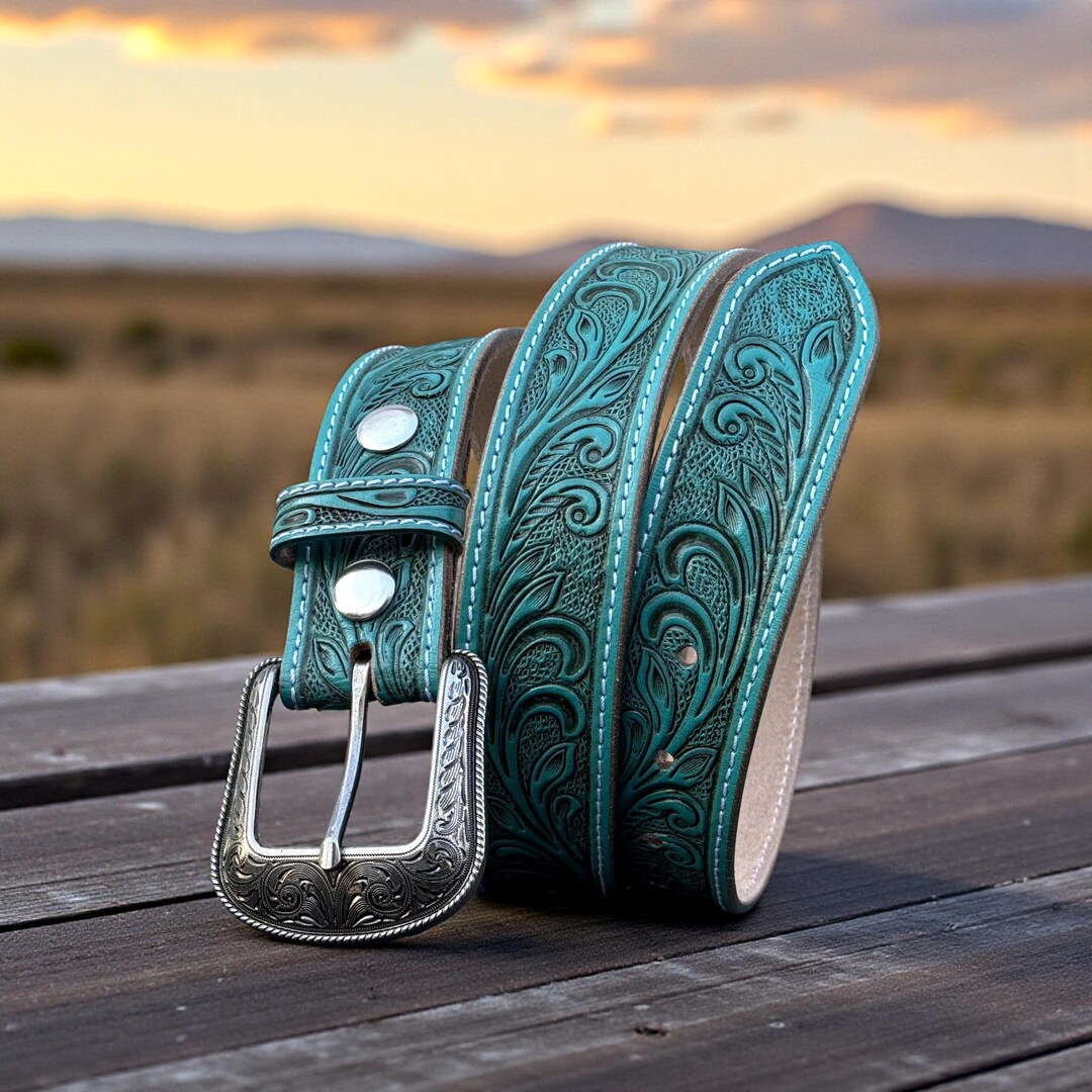 Personalized Turquoise Tooled Leather Western Belt for Women Men ...