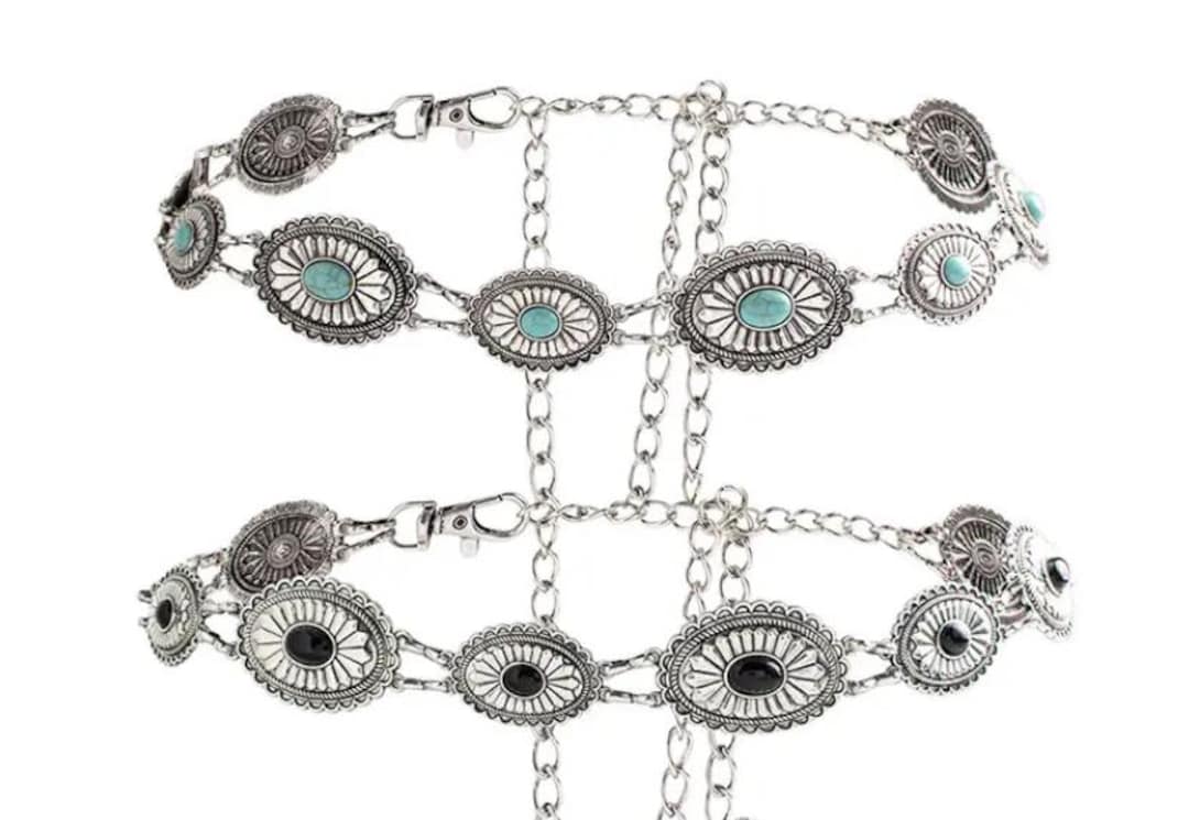Western Concho Chain Belt for Women – Silver Boho Turquoise Oval ...