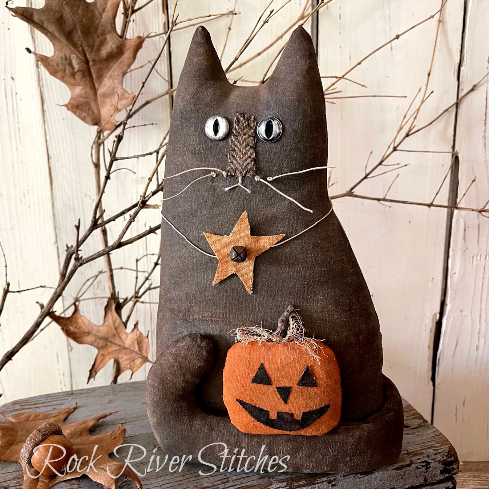 Digital PDF Sewing Pattern, Primitive Halloween Black Cat and Pumpkin ...
