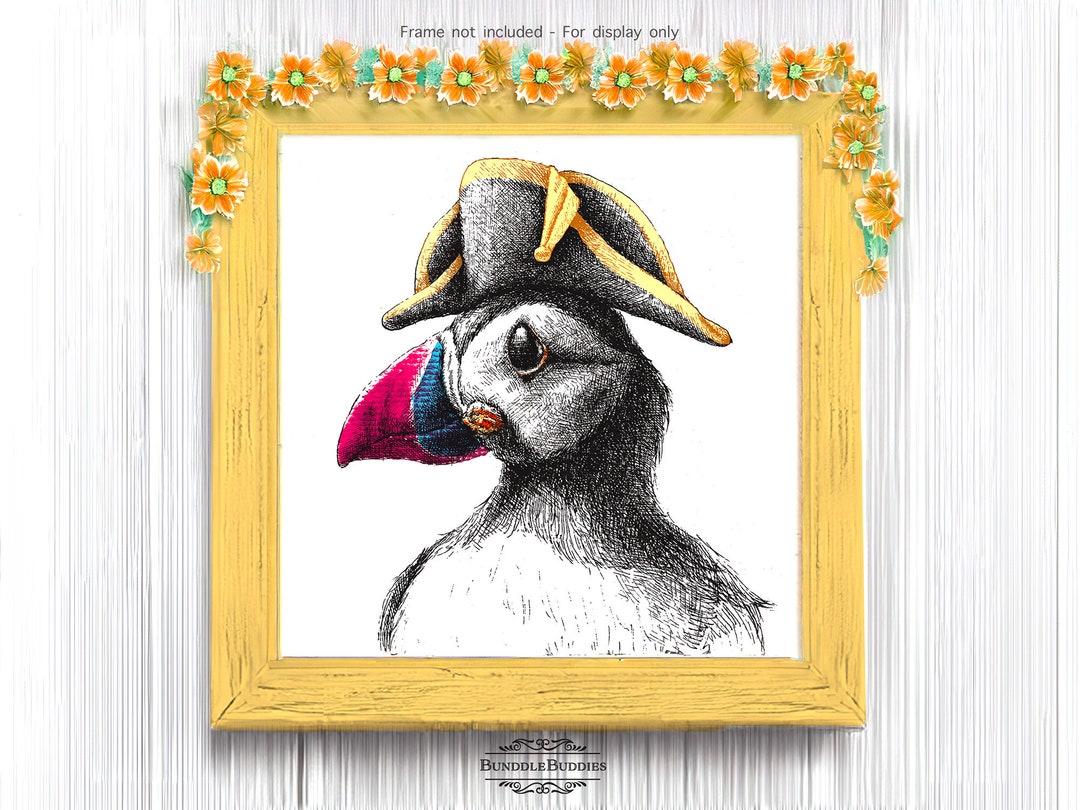 Friendly Puffin Wall Art, Hand Drawn Playful Puffin With Captains Hat ...