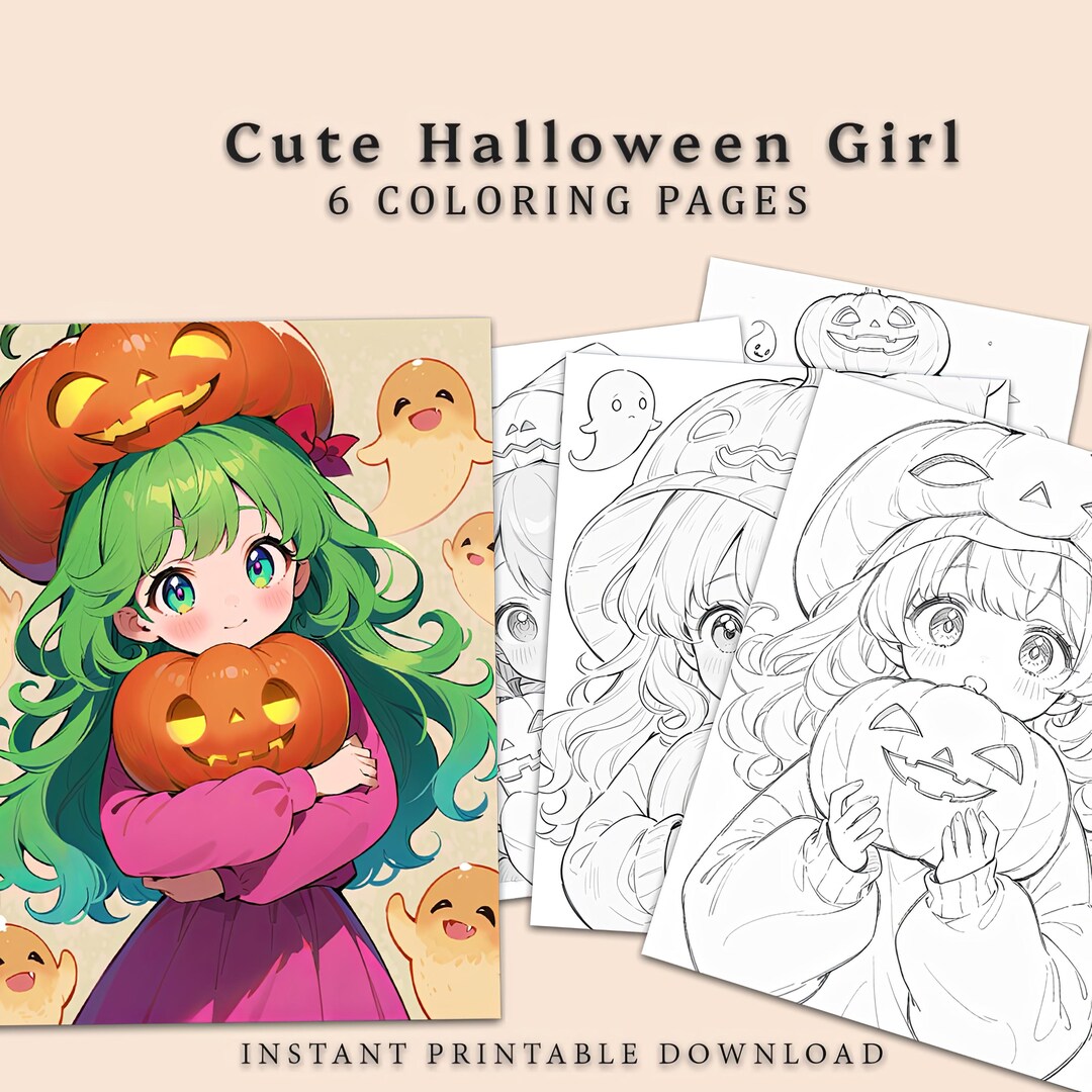 Cute Halloween Girl Coloring Page, Kawaii Coloring Page, Printable ...