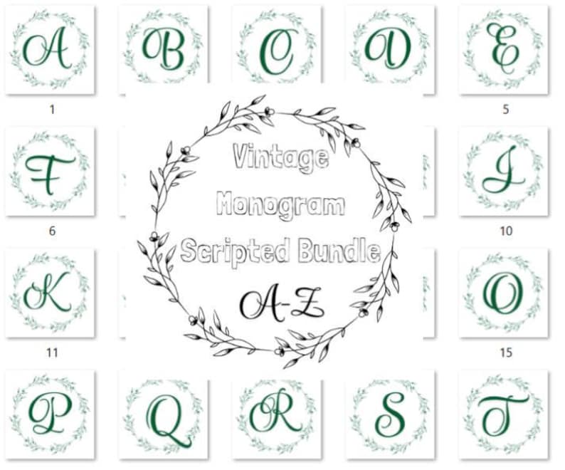 Vintage Monogram Scripted Alphabet, Letters A-Z, Pink Monogram, Green ...