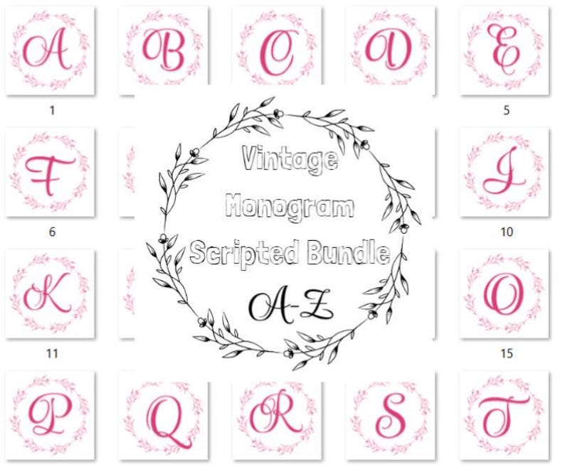 Vintage Monogram Scripted Alphabet, Letters A-Z, Gold Monogram, Pink ...