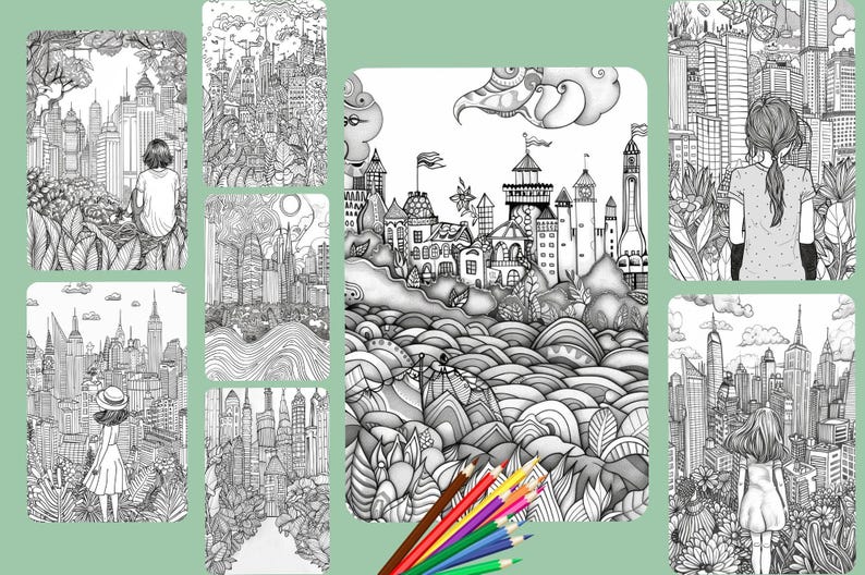 City View Panorama Coloring Book, High Building, Landscape Coloring ...