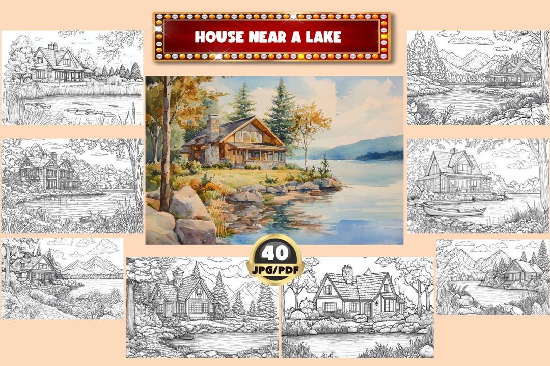 Lake House Coloring Book: Grayscale Landscape (printable PDF) - Etsy