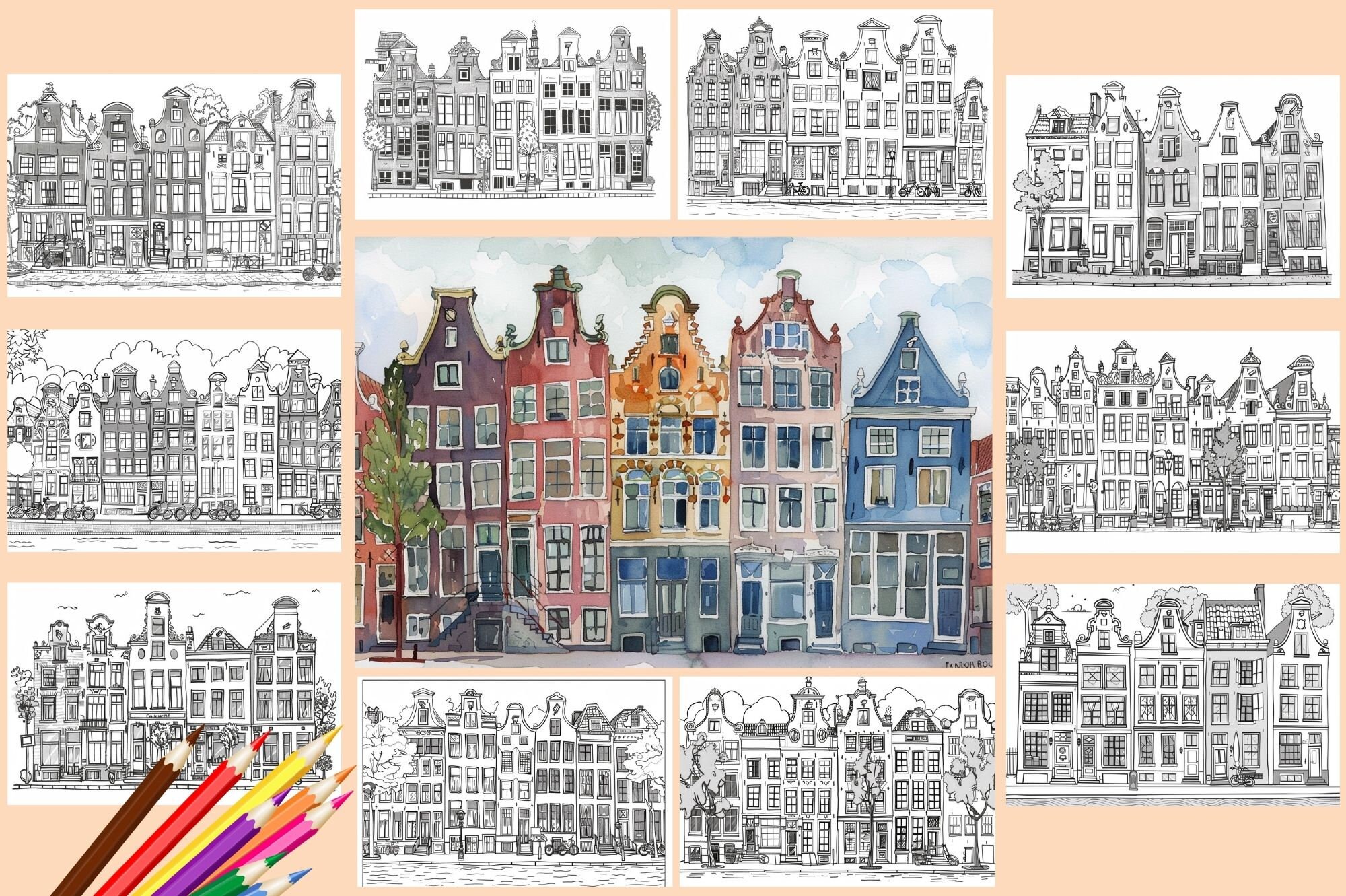 Houses in Amsterdam Coloring Book, Netherlands City, House Coloring ...