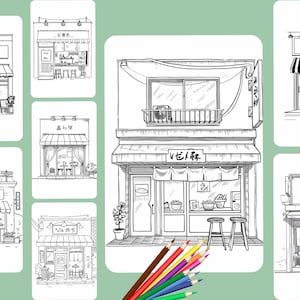 Japanese Storefronts Coloring Book: Grayscale Restaurant Designs ...