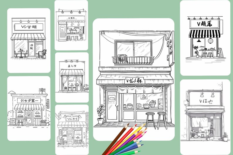 Japanese Restaurant Storefronts Coloring Book 2, Digital Coloring, Shop ...
