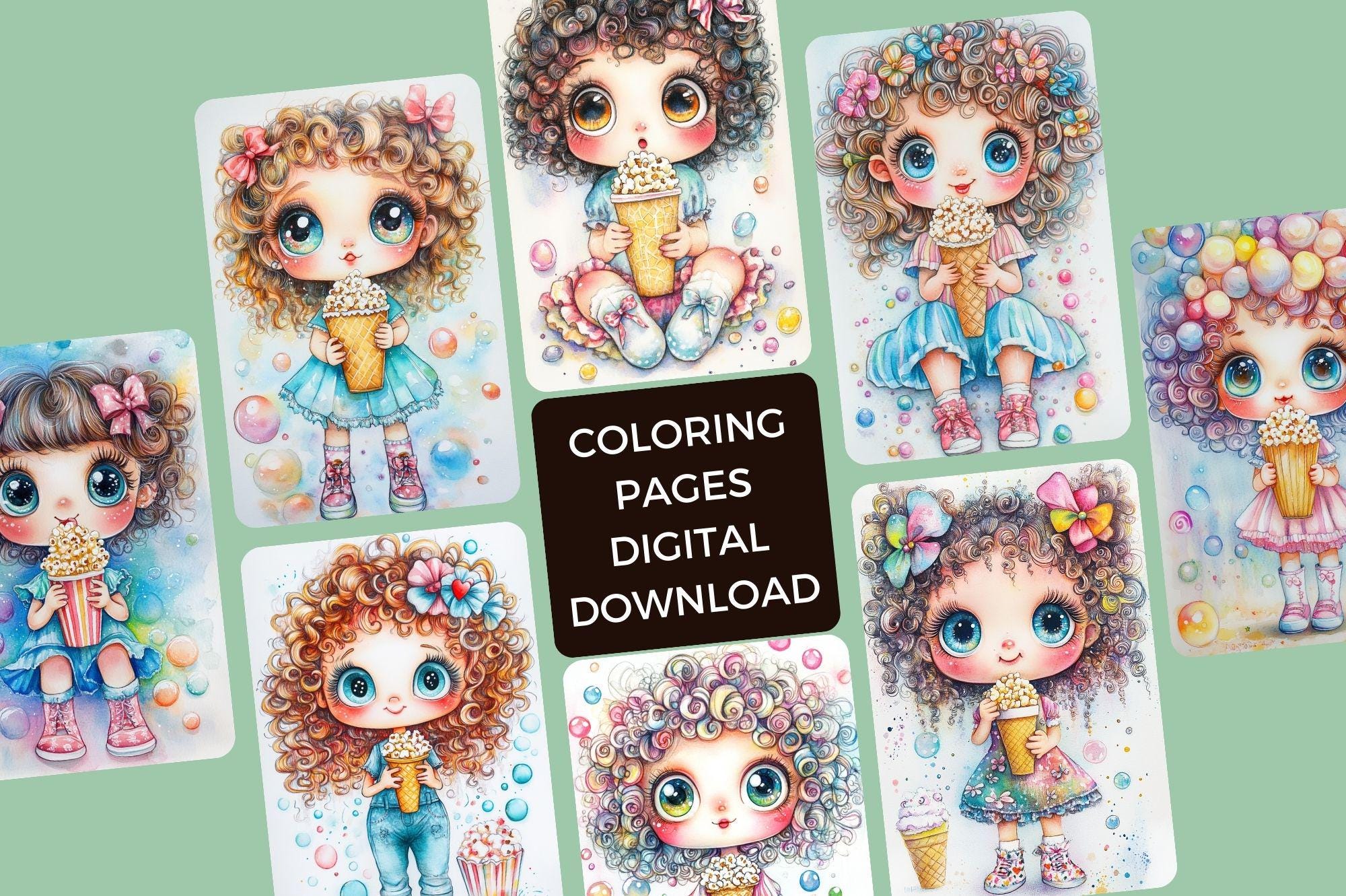 Chibi Girl Eats Popcorn Coloring Book: Kawaii Kids Printable (PDF) - Etsy