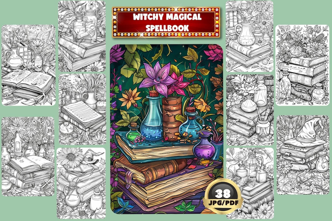 Witchy Spellbook Coloring Pages: Grayscale Halloween Art (printable PDF ...