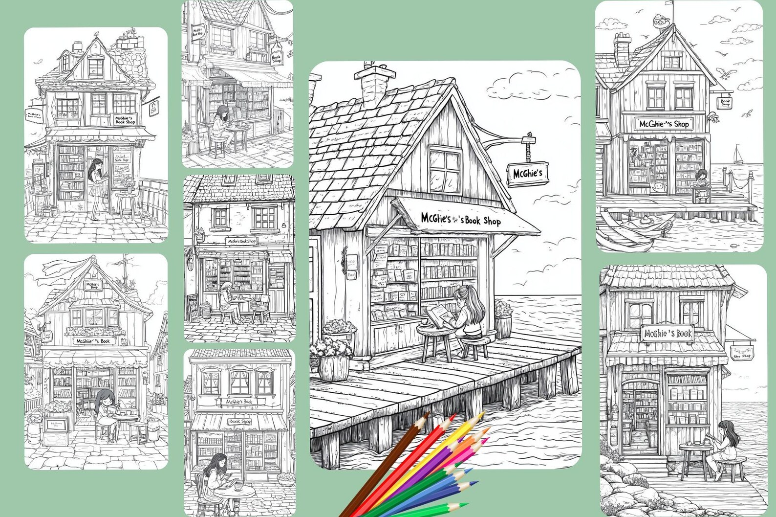 Village Book Shop Coloring Book, Digital Coloring, House Coloring, Book ...