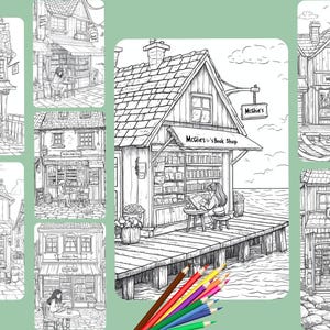 Village Book Shop Coloring Book, Digital Coloring, House Coloring, Book ...