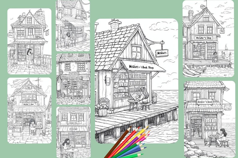 Village Book Shop Coloring Book, Digital Coloring, House Coloring, Book ...
