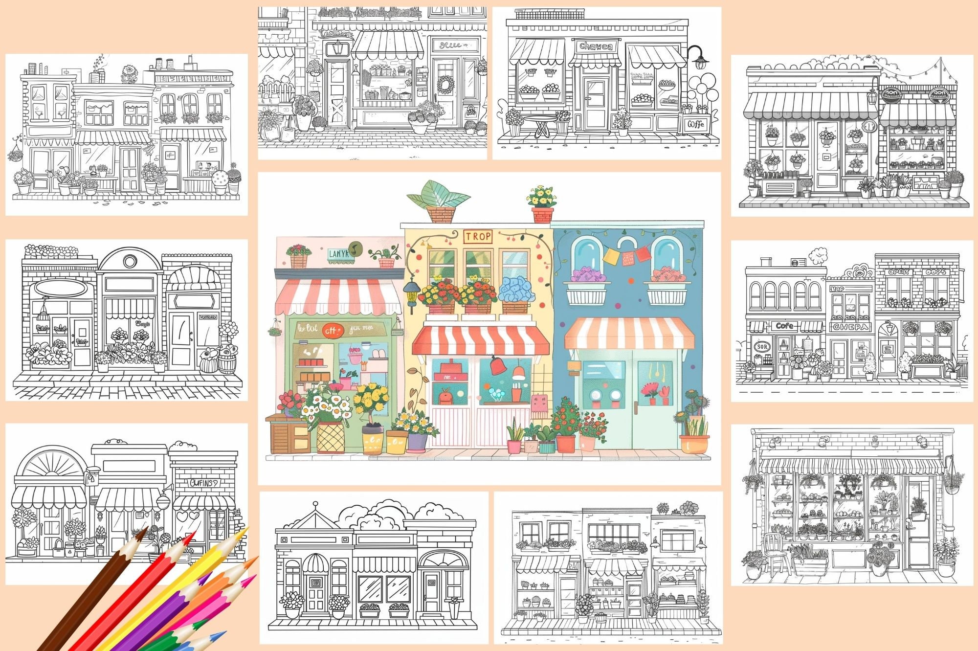 Kawaii Town Coloring Book: Cartoon Storefronts (printable PDF) - Etsy