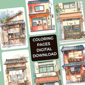 Japanese Storefronts Coloring Book: Grayscale Restaurant Designs ...