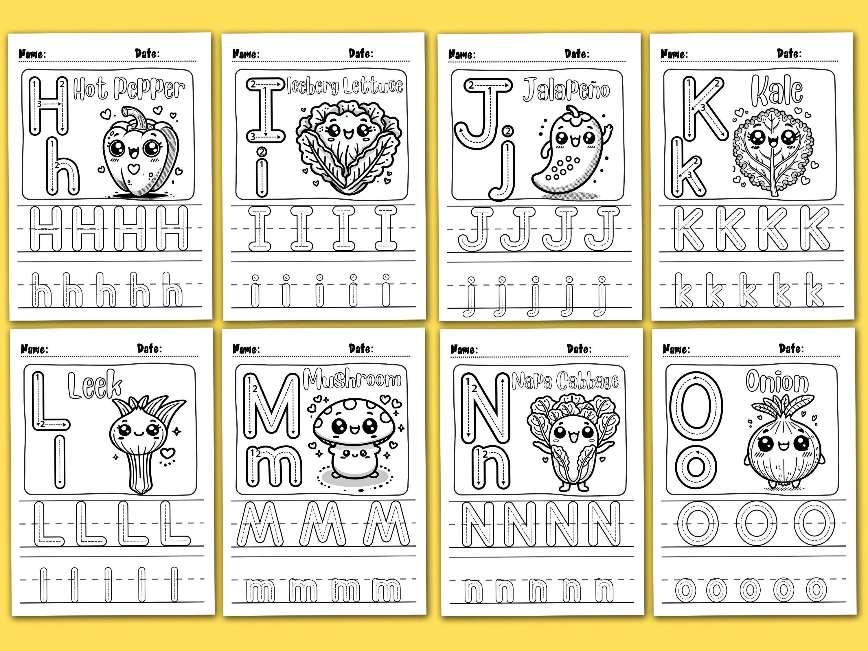 Vegetable Alphabet Coloring Pages: A-Z Practice Writing (printable PDF ...