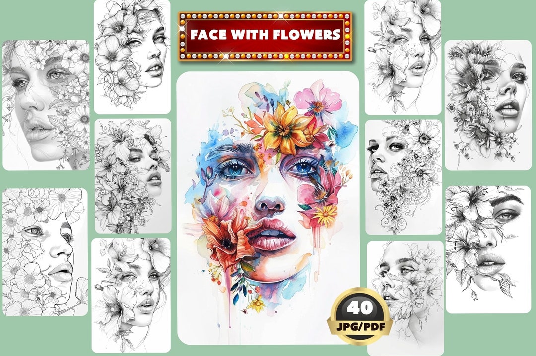 Face With Flowers Digital Coloring Book, Floral Face Coloring, Relaxing ...