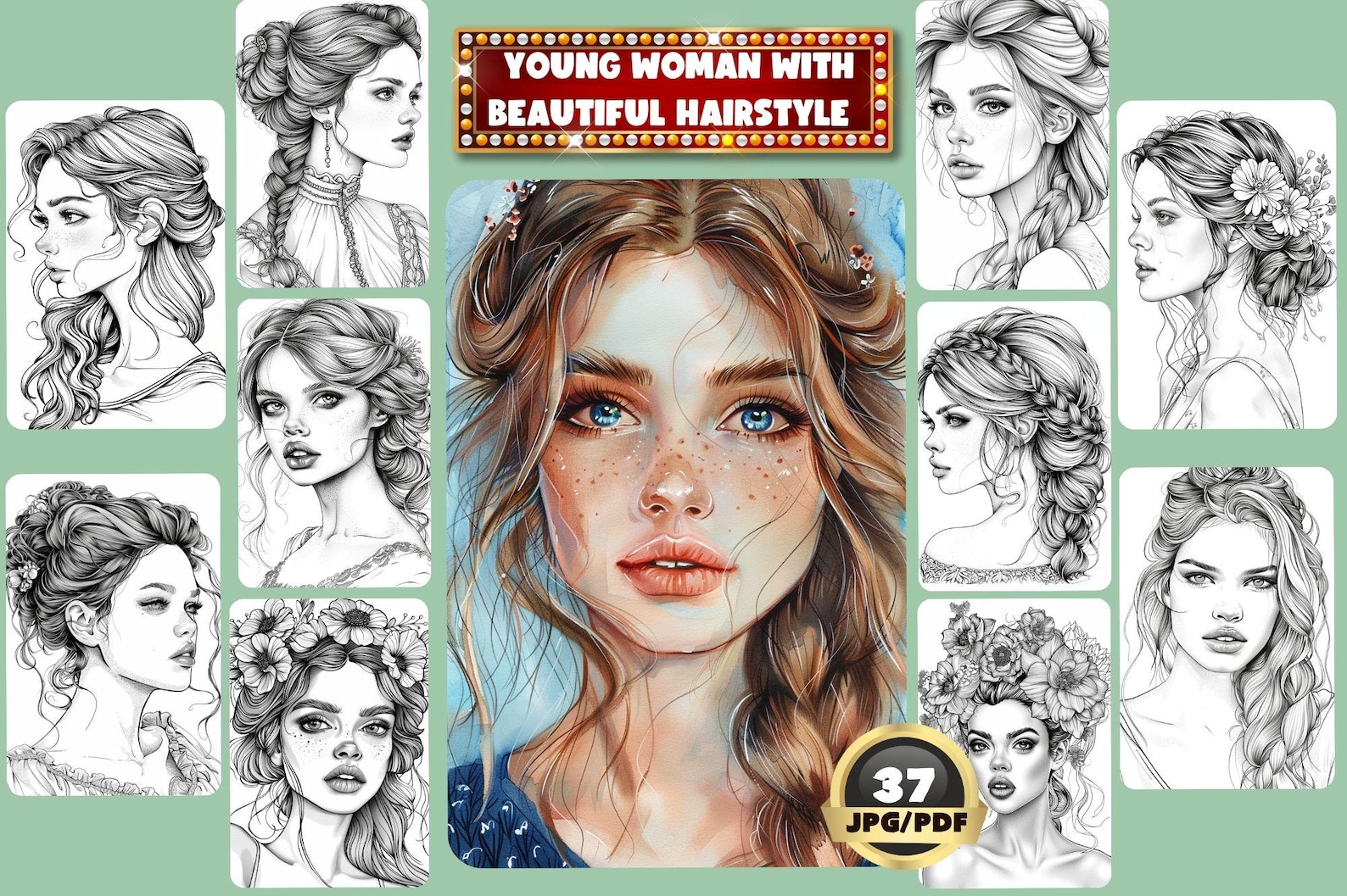 Young Woman With Beautiful Hairstyle Coloring Book, Long Hair Woman ...