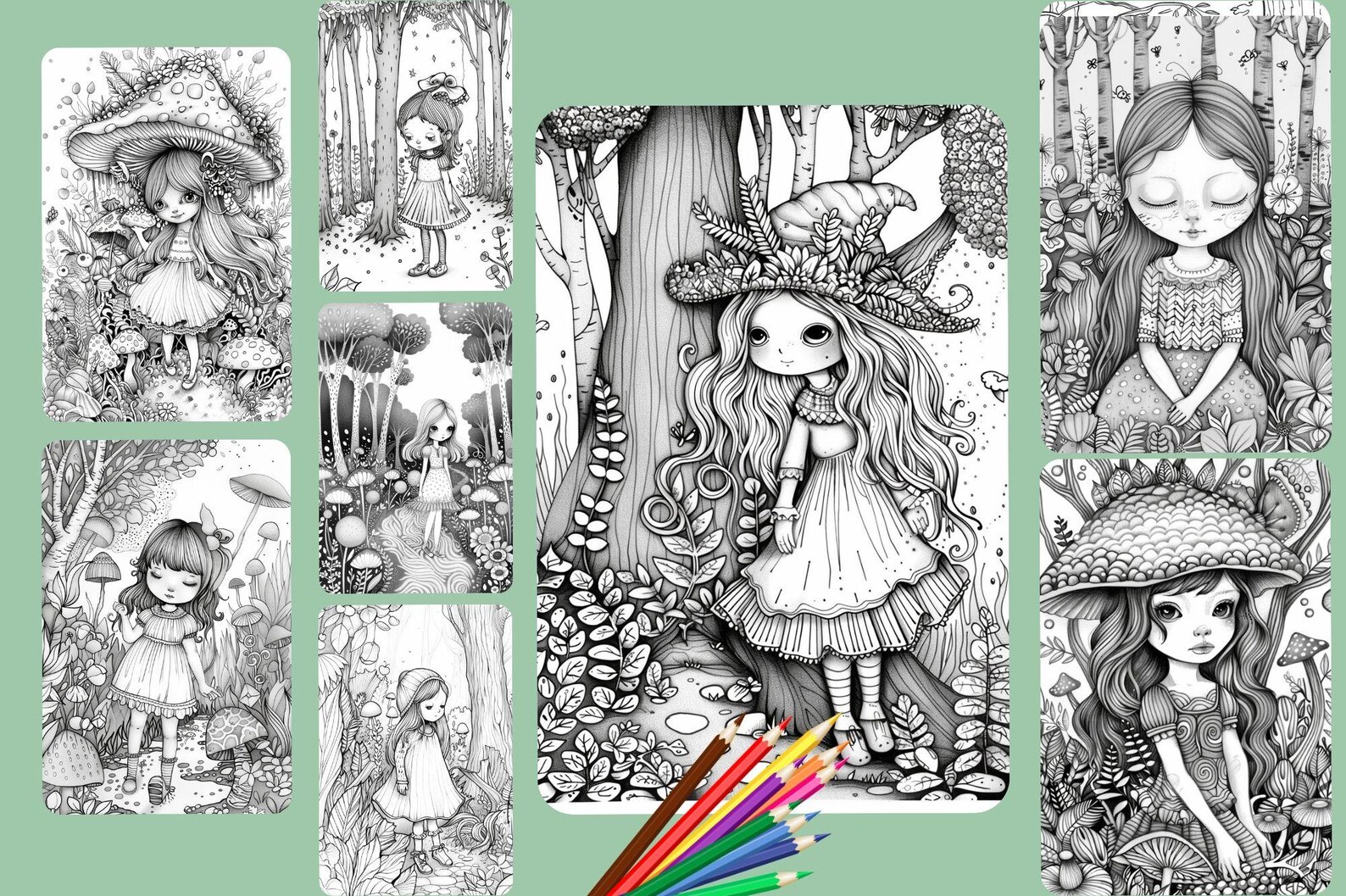 Cute Magic Forest Coloring Book Printable, Grayscale Coloring Digital ...