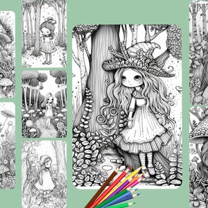 Cute Magic Forest Coloring Book Printable, Grayscale Coloring Digital ...