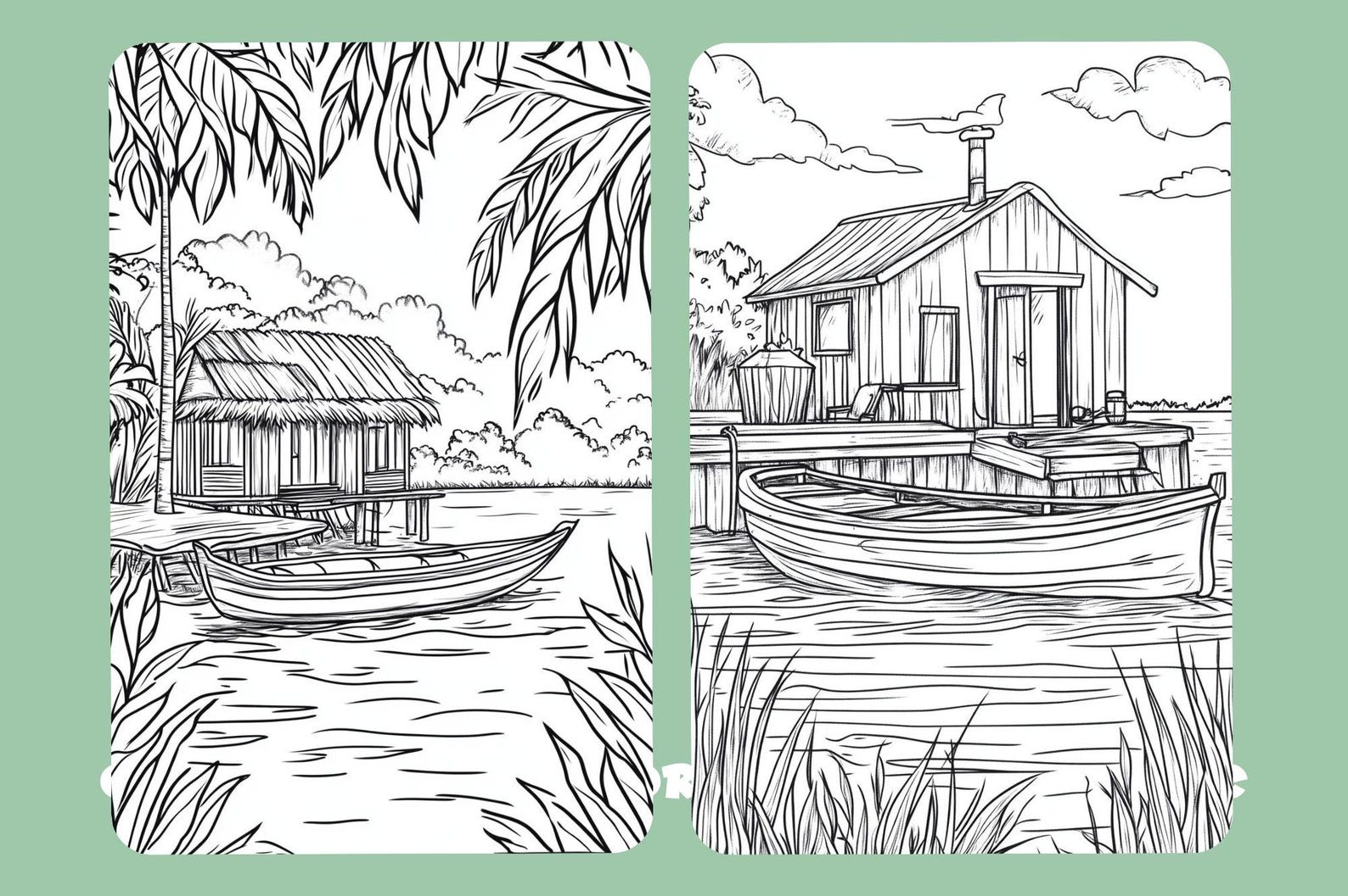 House and Boat Coloring Book, Digital Coloring, Lake House Coloring ...
