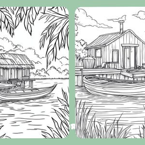 House and Boat Coloring Book, Digital Coloring, Lake House Coloring ...