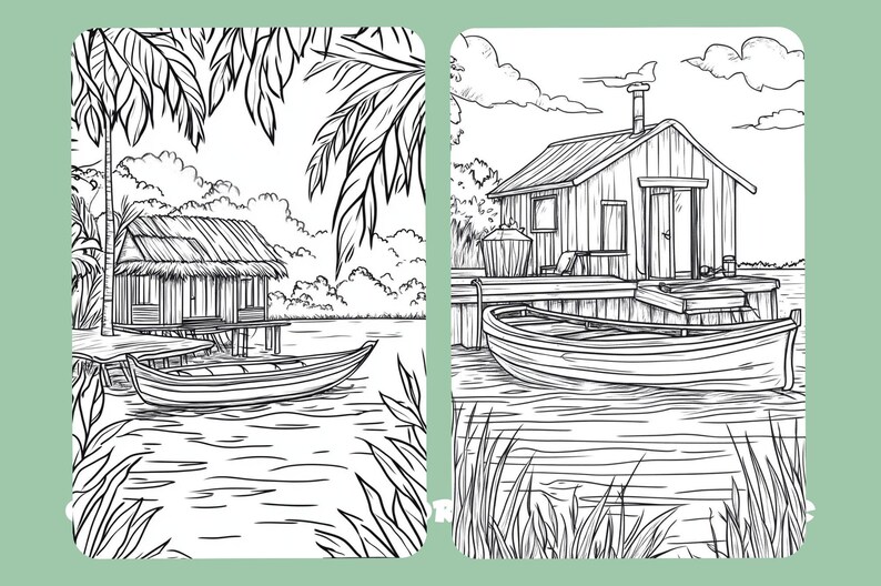 House and Boat Coloring Book, Digital Coloring, Lake House Coloring ...