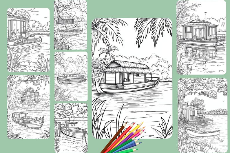 House and Boat Coloring Book, Digital Coloring, Lake House Coloring ...