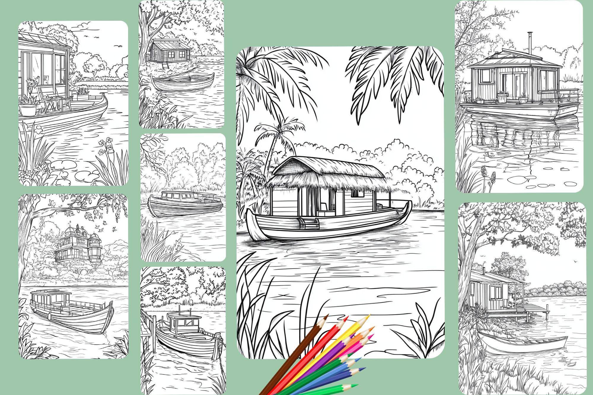 House and Boat Coloring Book, Digital Coloring, Lake House Coloring ...