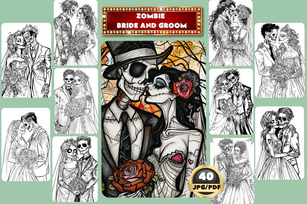 Zombie Bride and Groom Coloring Book: Halloween Grayscale (printable ...