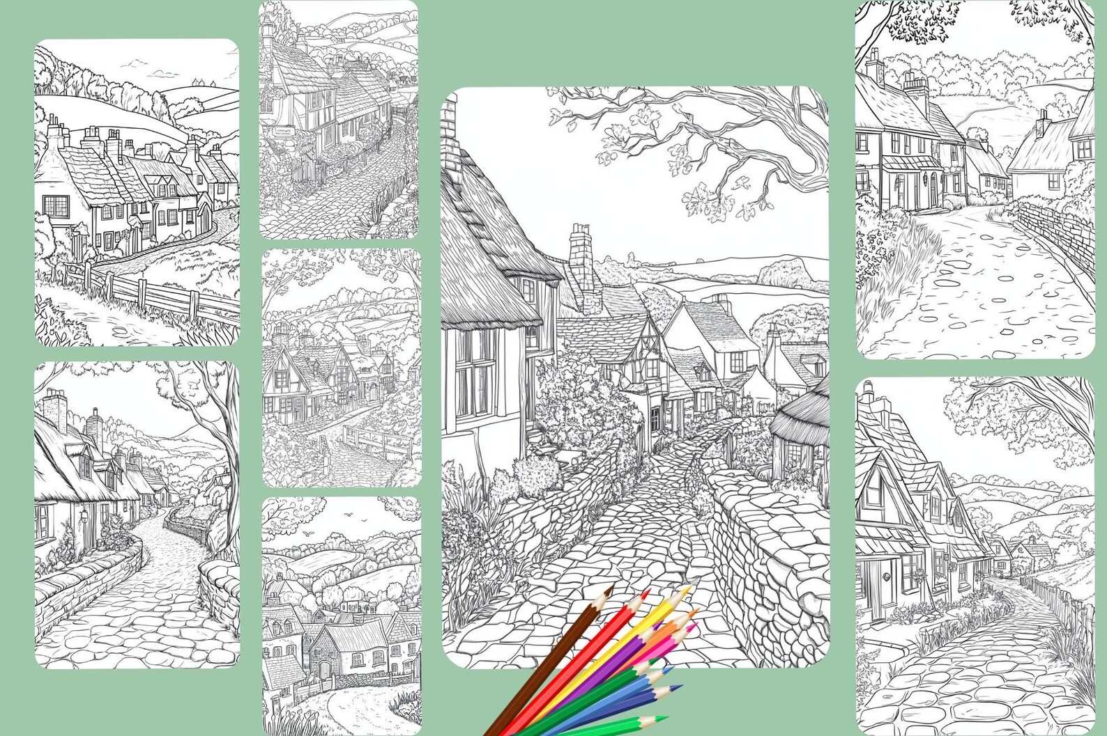 English Village Coloring Book: Landscape House Designs (printable PDF ...