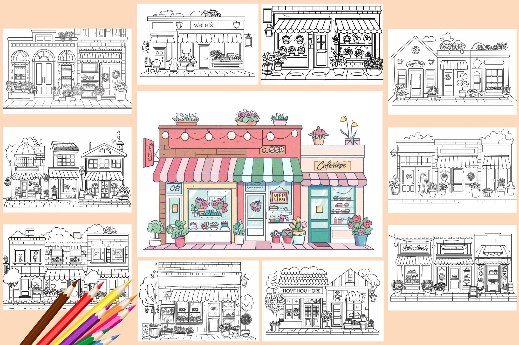Kawaii Town Coloring Book: Cartoon Storefronts (printable PDF) - Etsy
