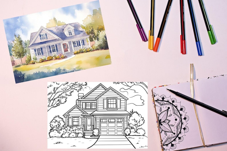 Beautiful House With Garden Digital Coloring Book, Single House With ...