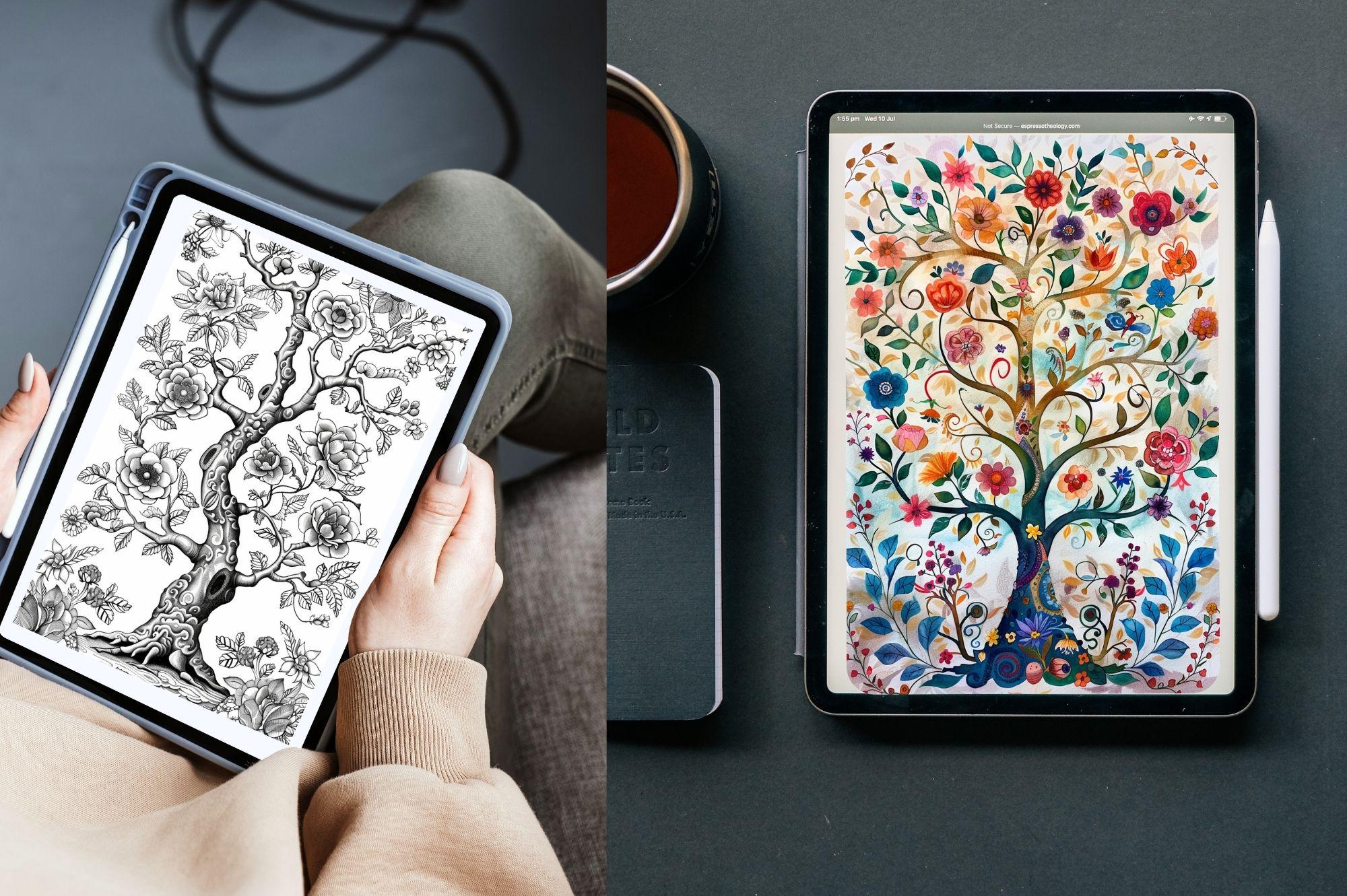 Blooming Tree of Life Coloring Book: Fantasy Floral Grayscale ...