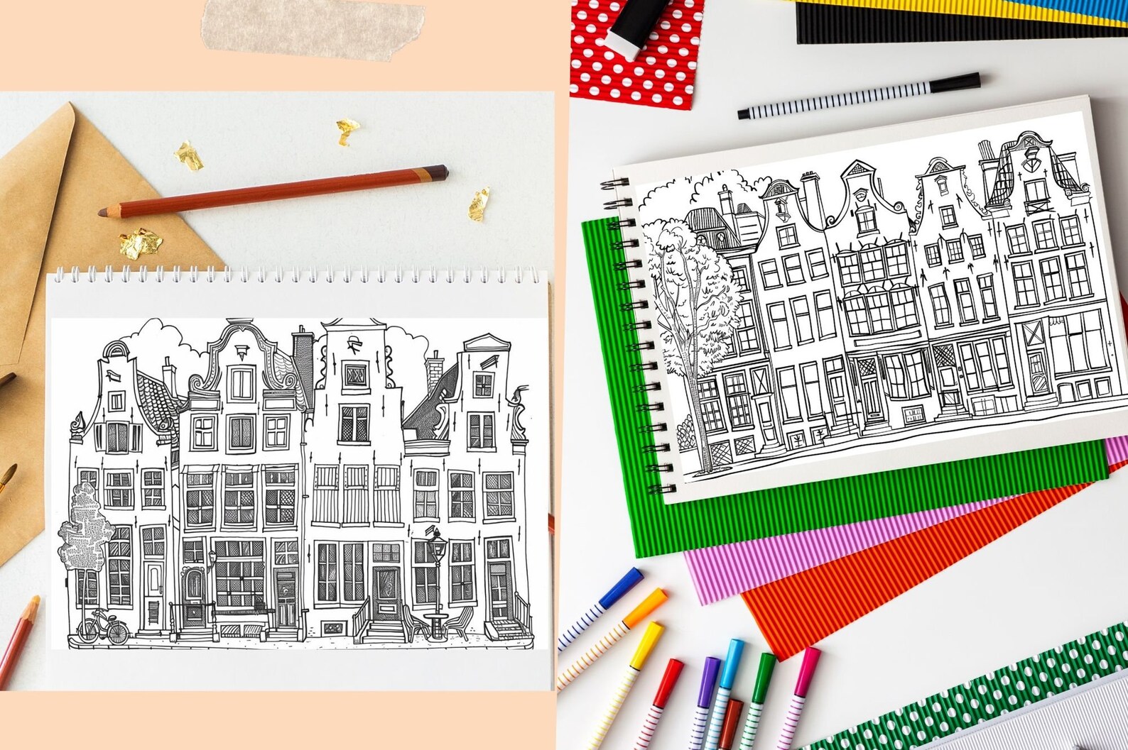 Amsterdam Houses Coloring Book: Grayscale Netherlands Cityscapes ...