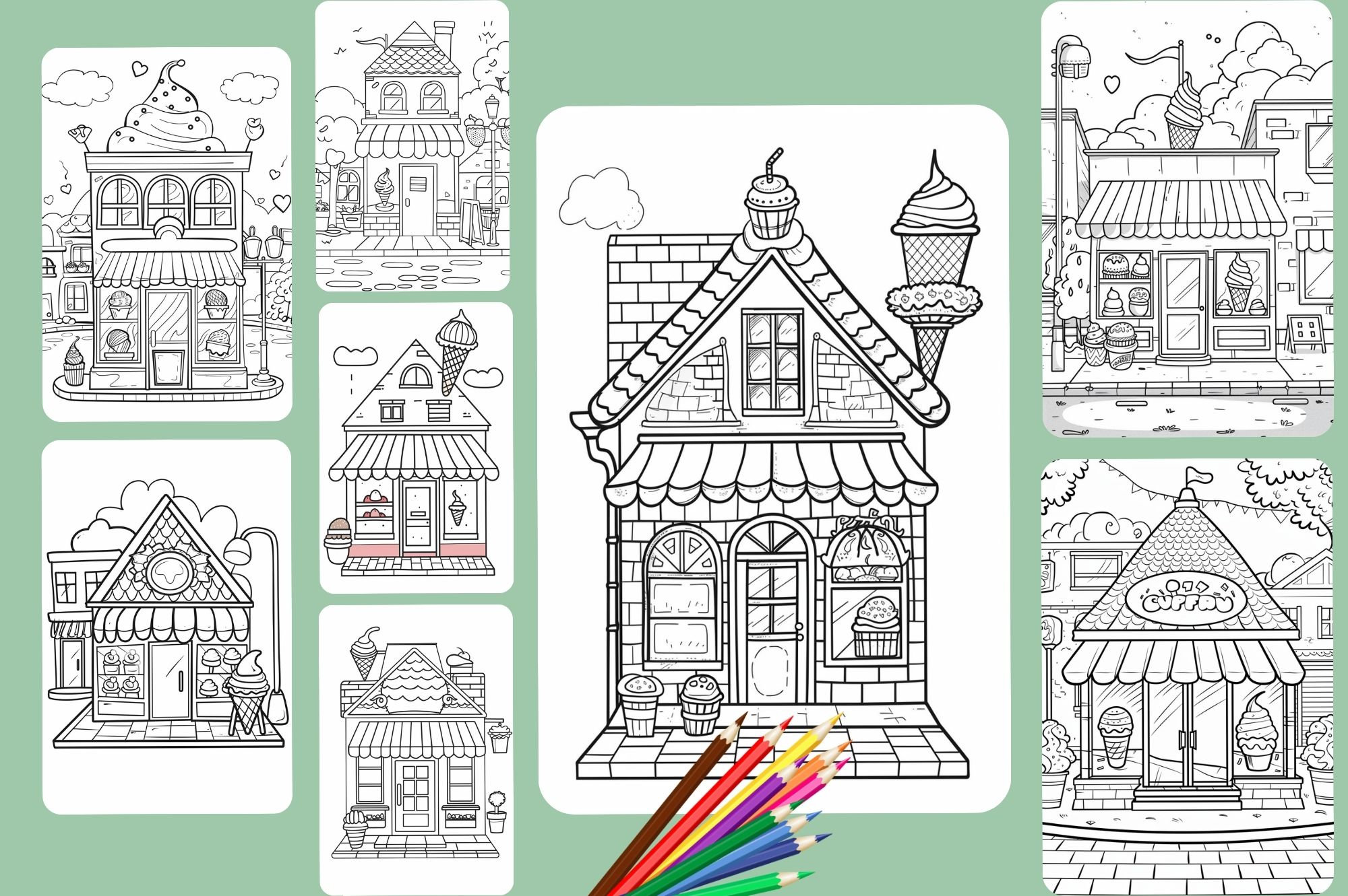 Cute Ice Cream Shopfront Colorıng Book, Fantasy Storefronts Coloring ...