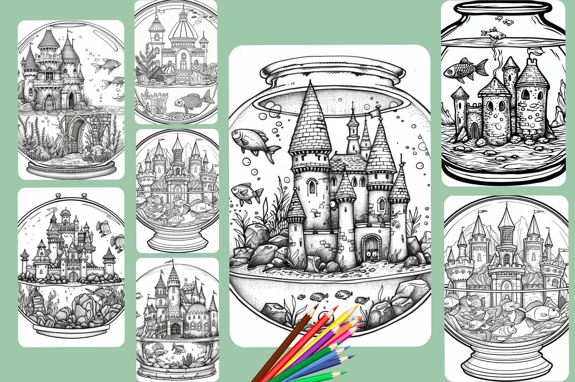 Fish and Small Castle in Fish Bowl Coloring Book, Fish Tank Coloring ...