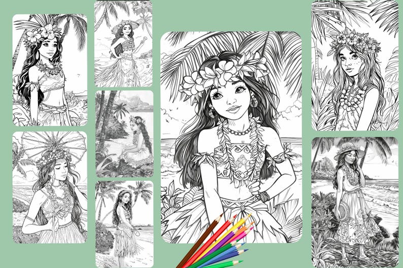 Princess in Hawaii Digital Coloring Book, Beautiful Tropical Beaches ...